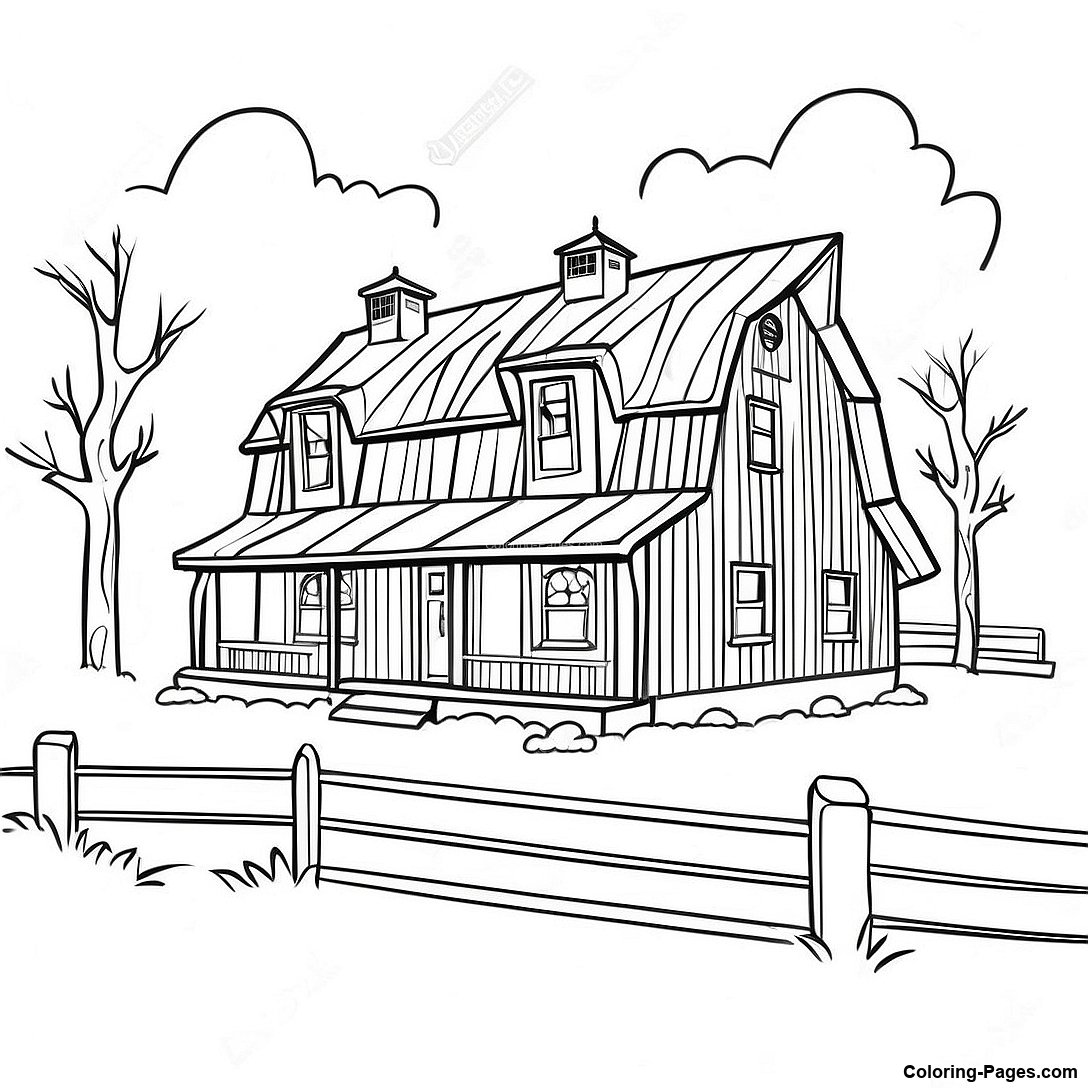 Charming Farmhouse With Barn Coloring Page | Coloring-Pages.com