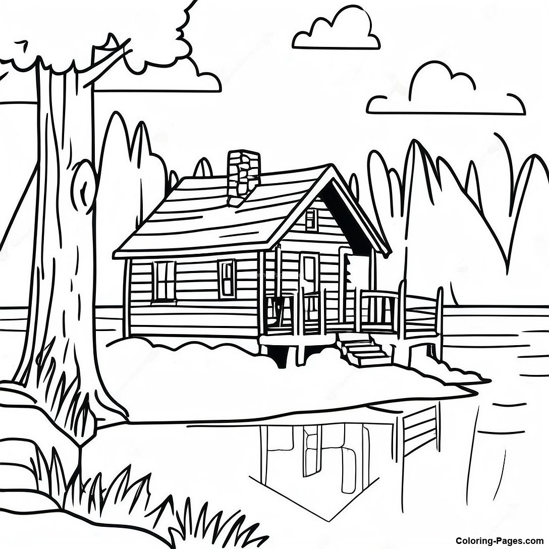 Charming Log Cabin By The Lake Coloring Page | Coloring-Pages.com