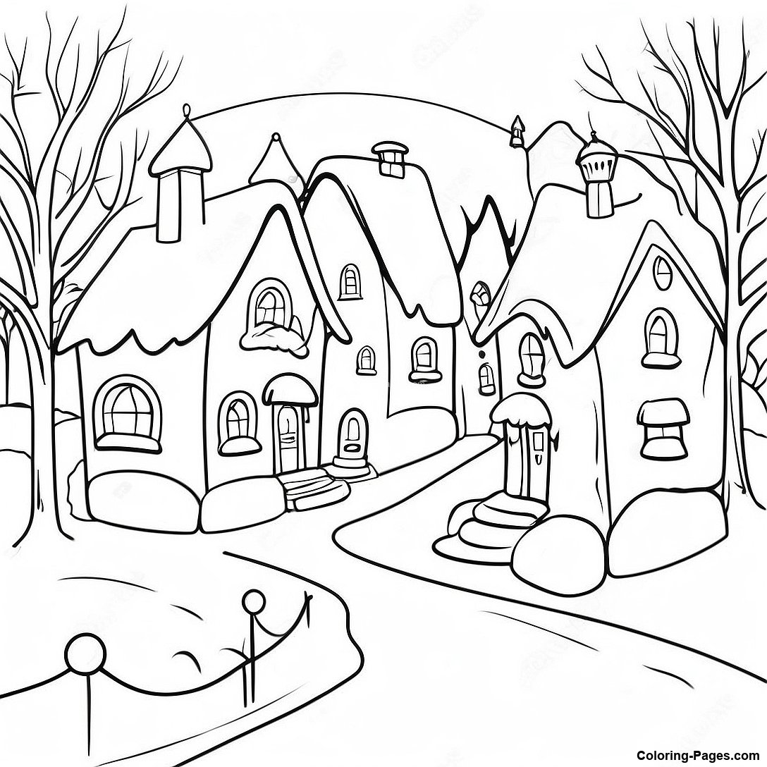 Charming Winter Village Coloring Page | Coloring-Pages.com