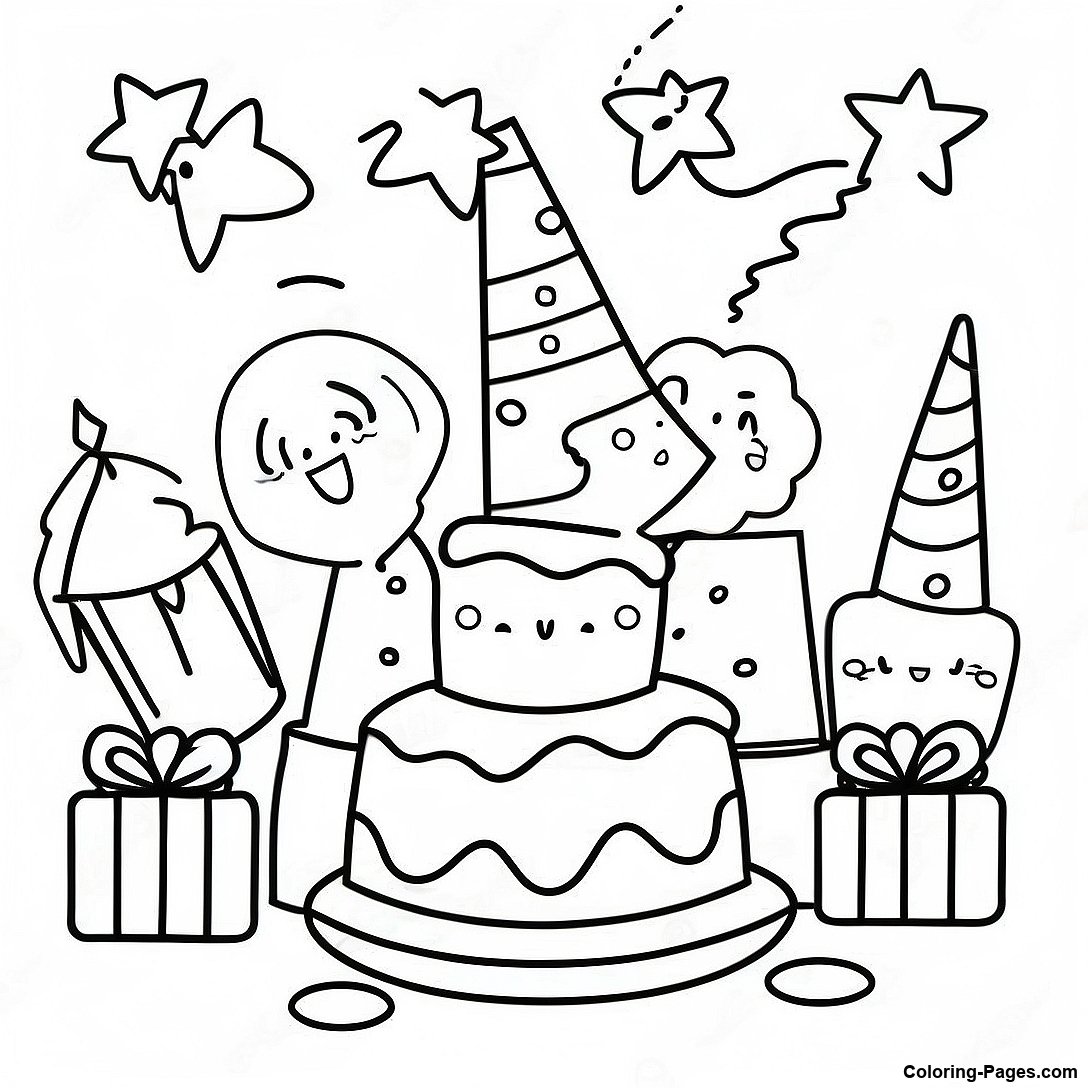 Cheerful Happy 5th Birthday Party Scene Coloring Page | Coloring-Pages.com