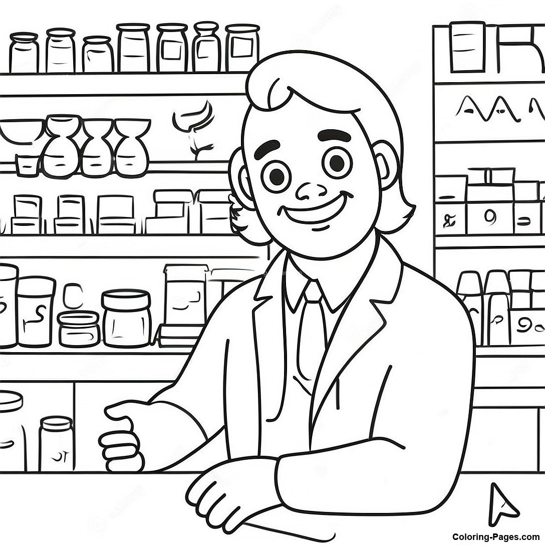 Cheerful Pharmacist Behind Counter Coloring Page | Coloring-Pages.com