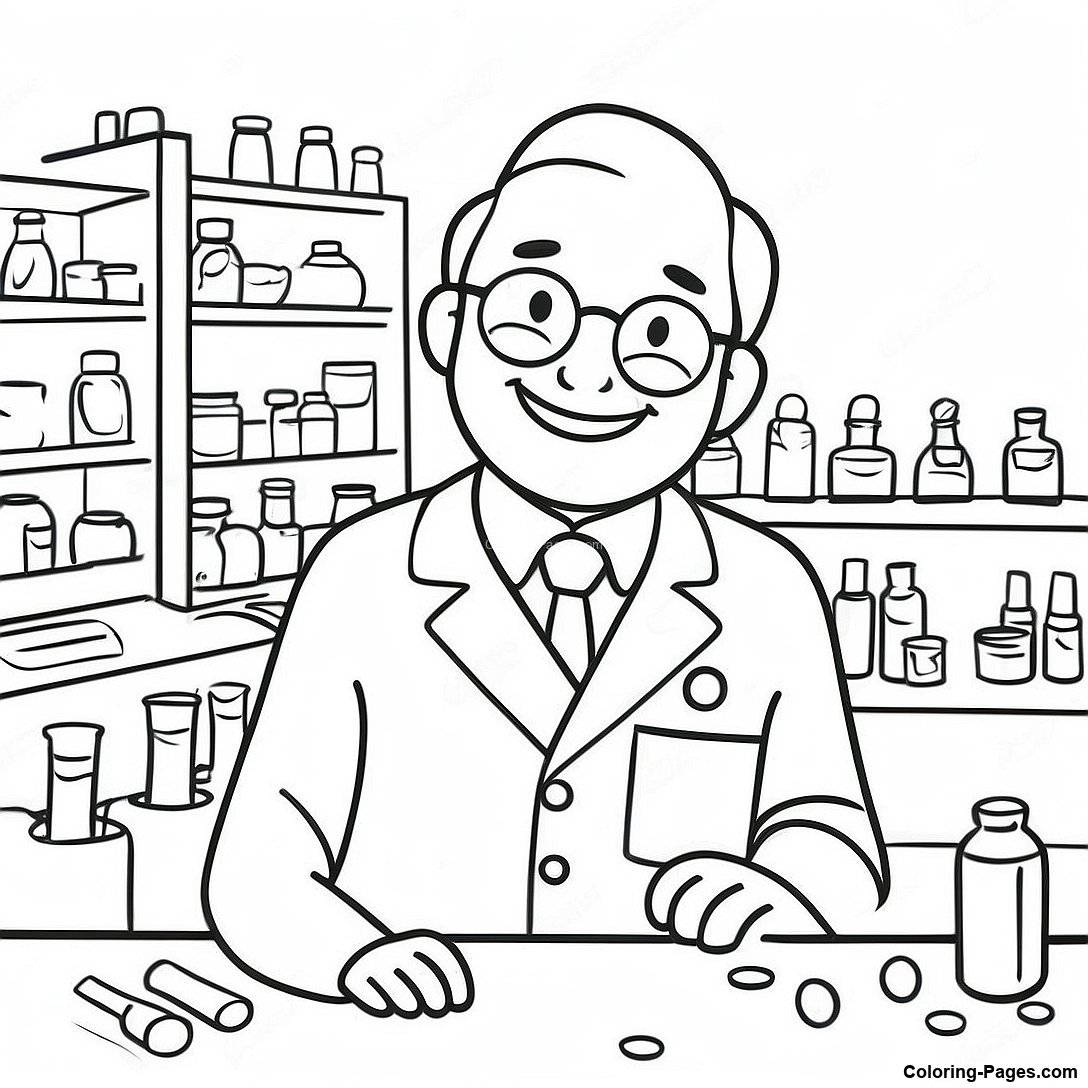 Cheerful Pharmacist Behind Counter Coloring Page | Coloring-Pages.com