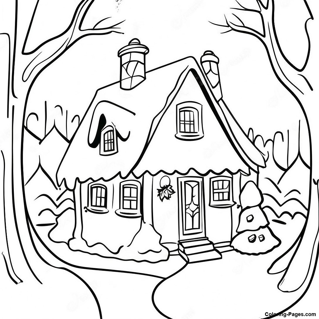 Cozy Winter Cottage Coloring Page | Coloring-Pages.com