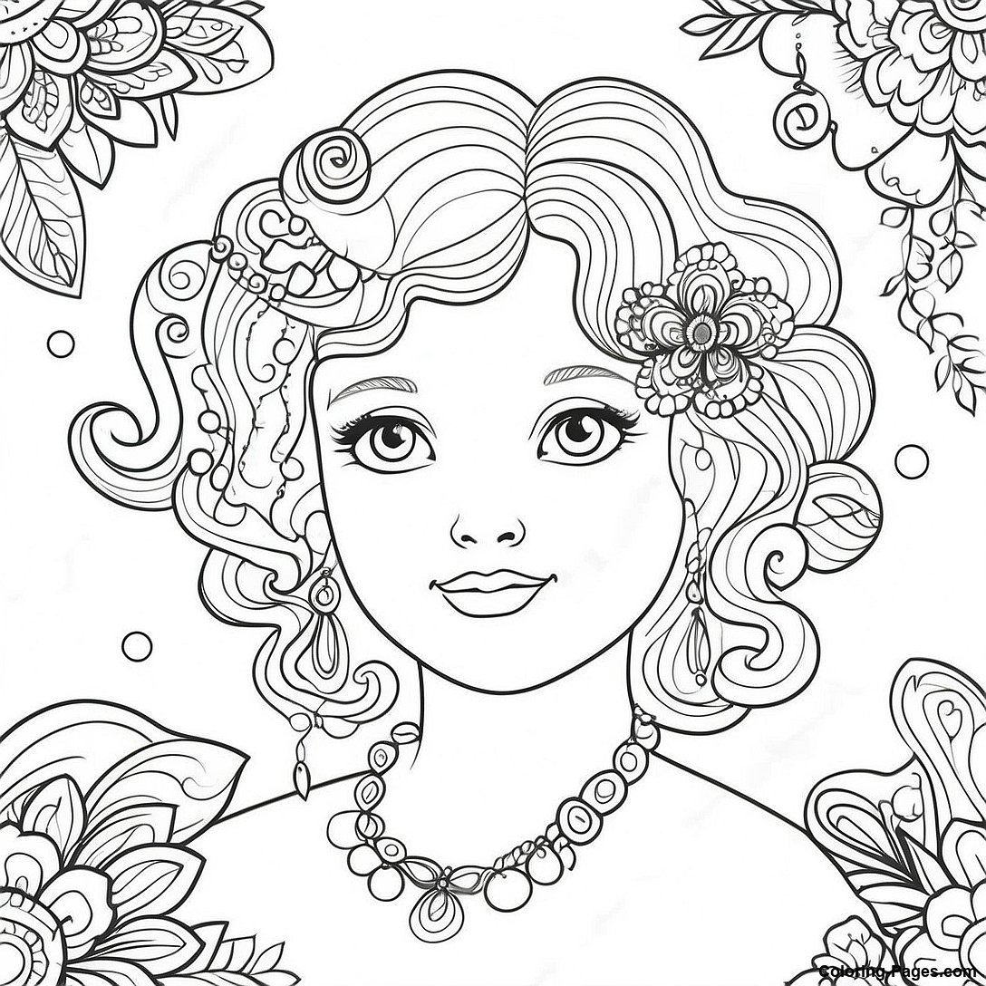 Curly Hair With Accessories Coloring Page | Coloring-Pages.com