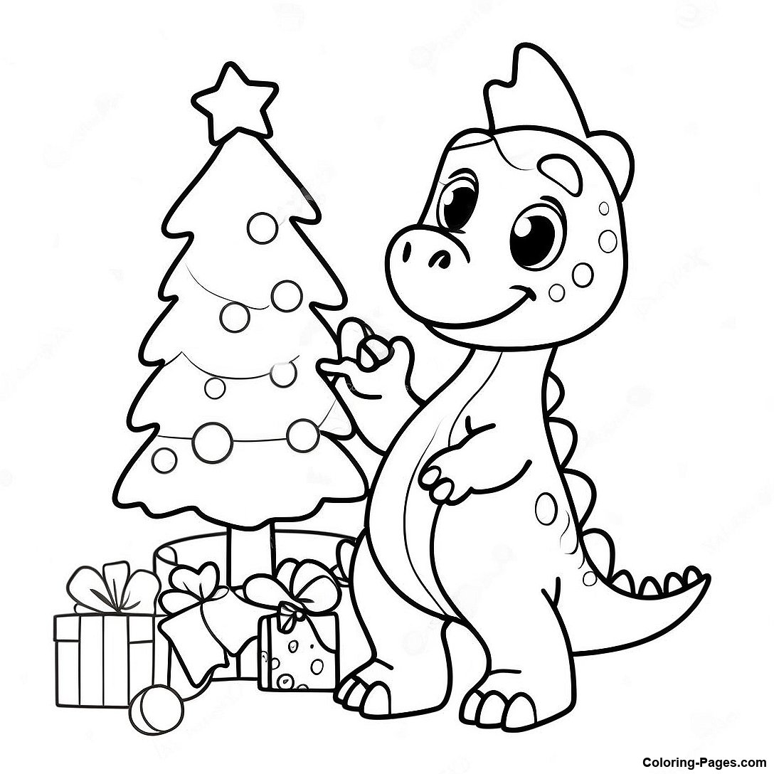 Cute Dinosaur Decorating A Christmas Tree Coloring Page | Coloring ...