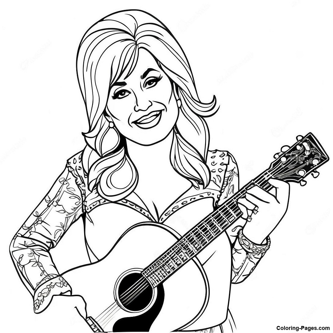Dolly Parton With Guitar Coloring Page | Coloring-Pages.com