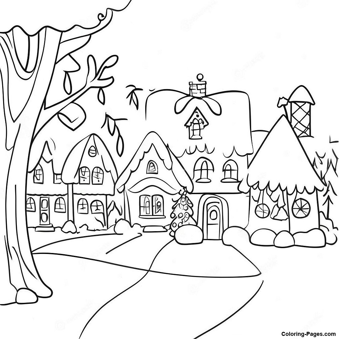 Festive Christmas Village Coloring Page | Coloring-Pages.com