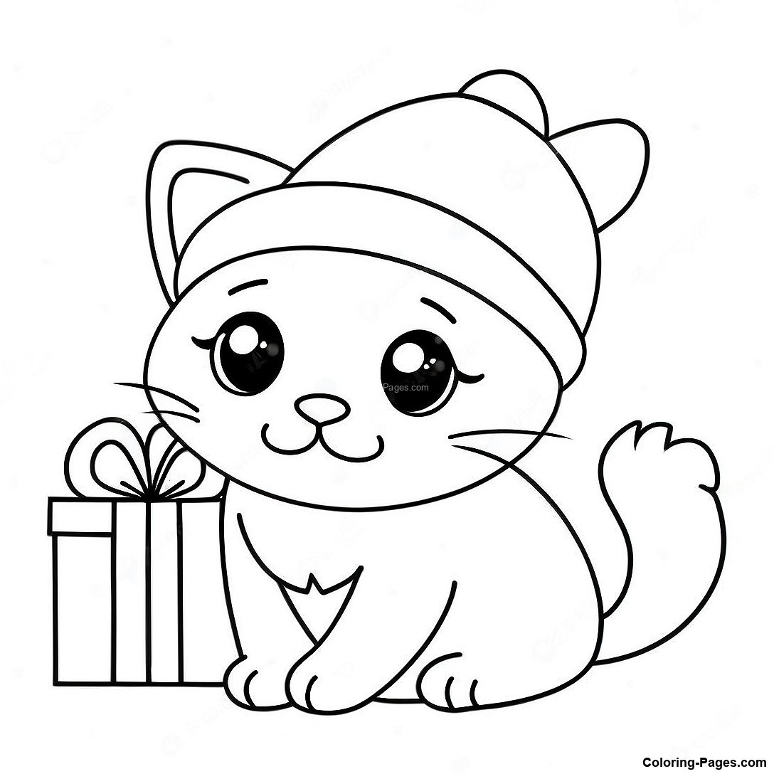 Playful Christmas Cat With Santa Hat Coloring Page | Coloring-Pages.com