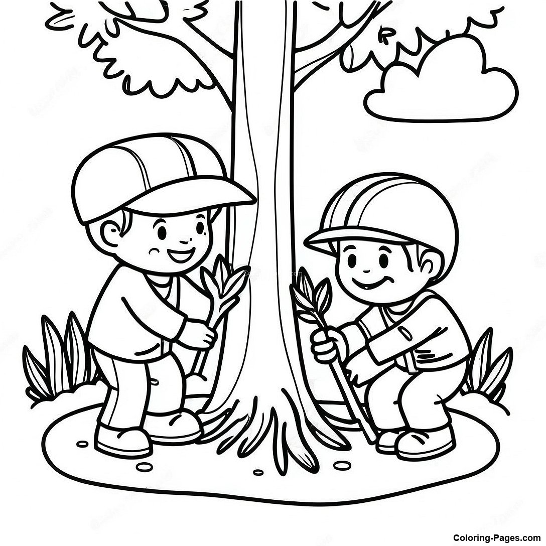 Playful Kids Planting Trees Coloring Page | Coloring-Pages.com