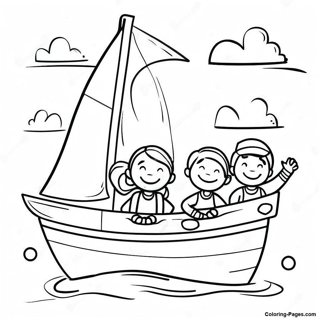 Sailboat With Happy Kids Coloring Page | Coloring-Pages.com