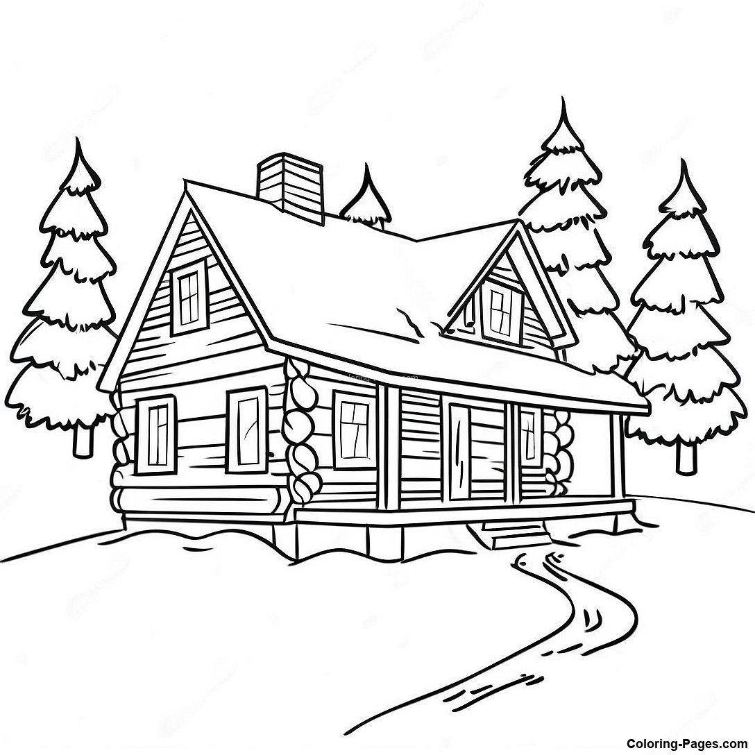 Snowy Log Cabin Winter Scene Coloring Page | Coloring-Pages.com
