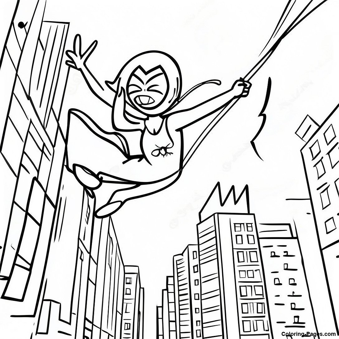 Spider Girl Swinging Through The City Coloring Page | Coloring-Pages.com