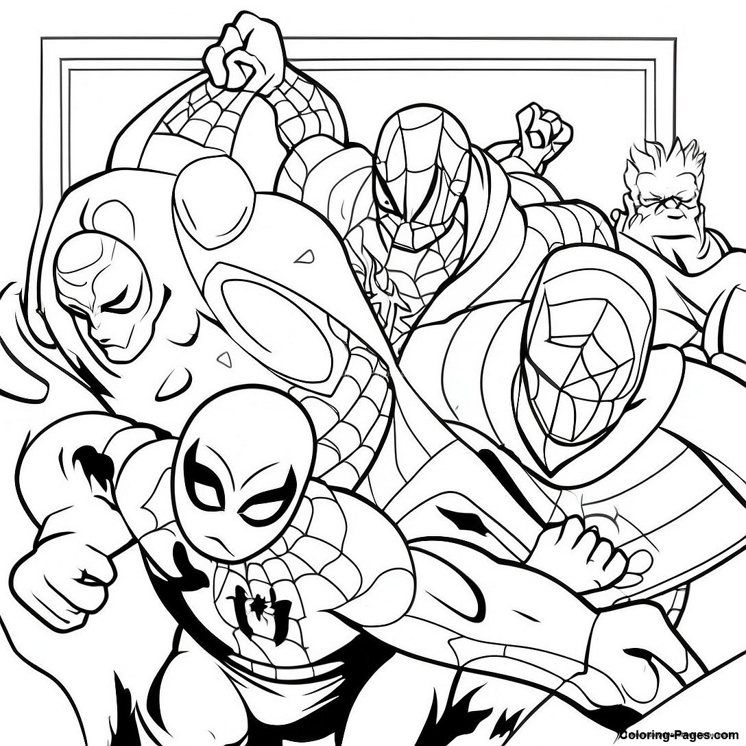 Spider Man Fighting Villains Coloring Page | Coloring-Pages.com