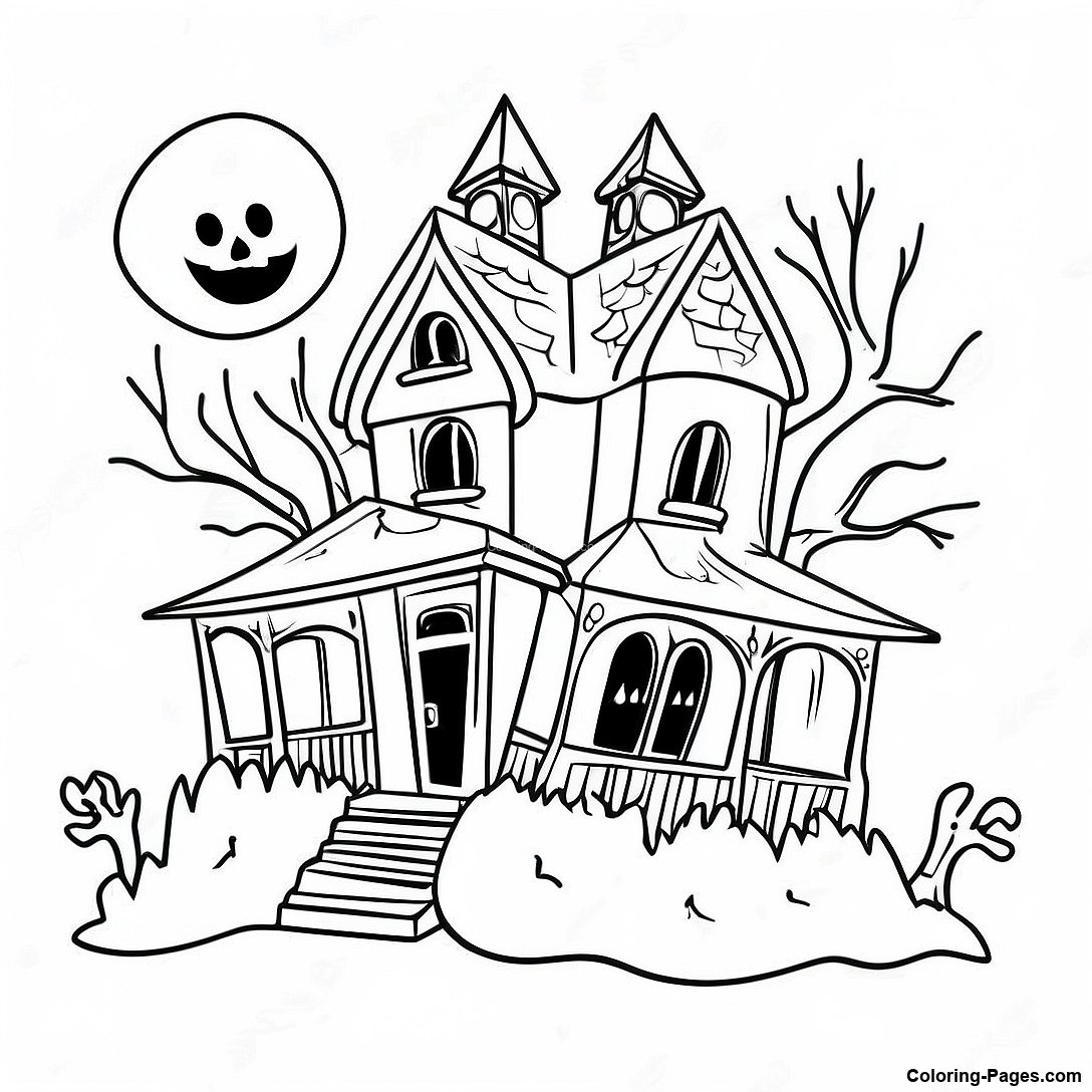 Spooky Haunted House Coloring Page | Coloring-Pages.com