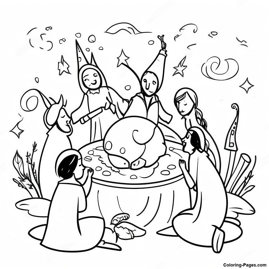 Whimsical Pagan Ritual Scene Coloring Page | Coloring-Pages.com