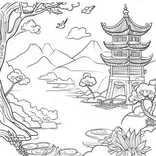 Intricate Chinoiserie Landscape Coloring Page | Coloring-Pages.com